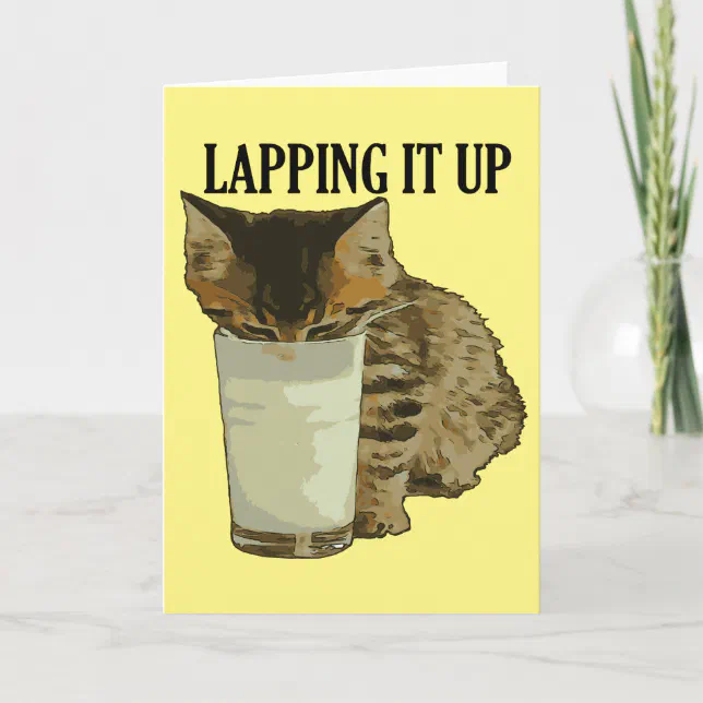 Lapping It Up Cute Tabby Drinking Milk From A Glas Card | Zazzle