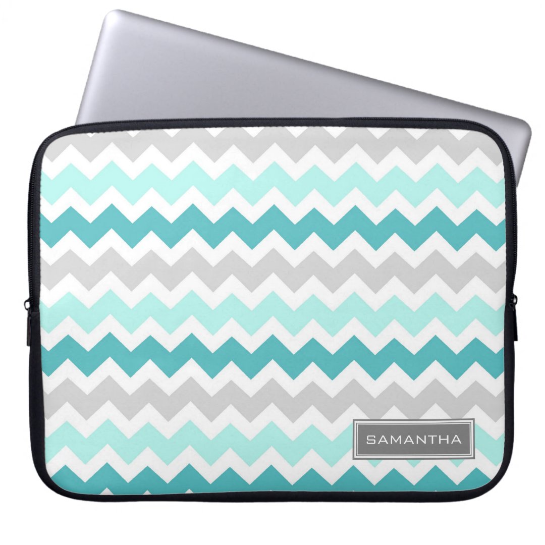 Laptop Teal Ombre Chevron Custom Name Laptop Sleeve | Zazzle