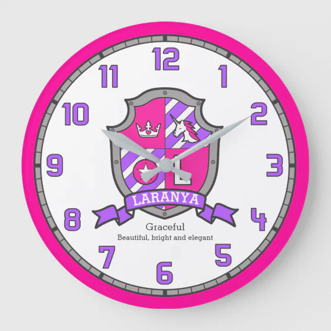 Laranya letter name meaning unicorn crest large clock | Zazzle