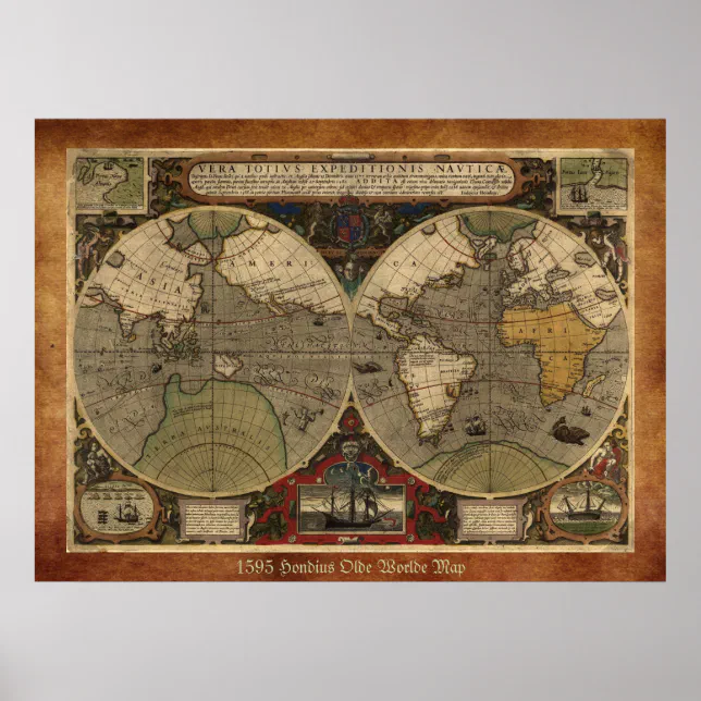 Large "1595 World Map of Hondius" Historic Map Poster | Zazzle