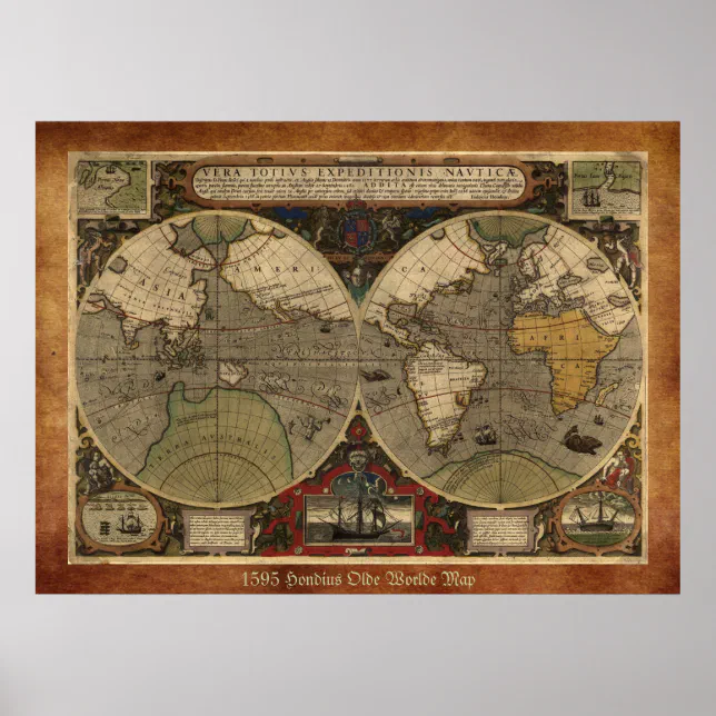 Large "1595 World Map of Hondius" Historic Map Poster | Zazzle