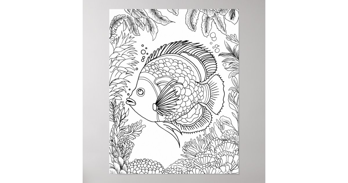 Large Adult Coloring Page Tropical Fish Ocean Art Poster | Zazzle