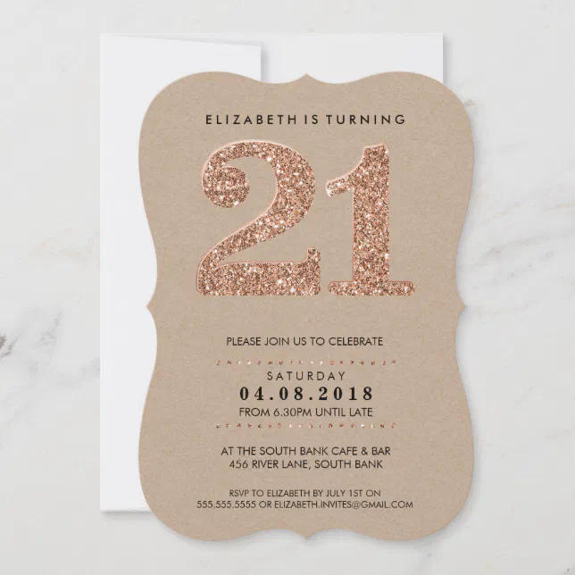 LARGE AGE NUMBER kraft cool 21 rose gold glitter Invitation | Zazzle