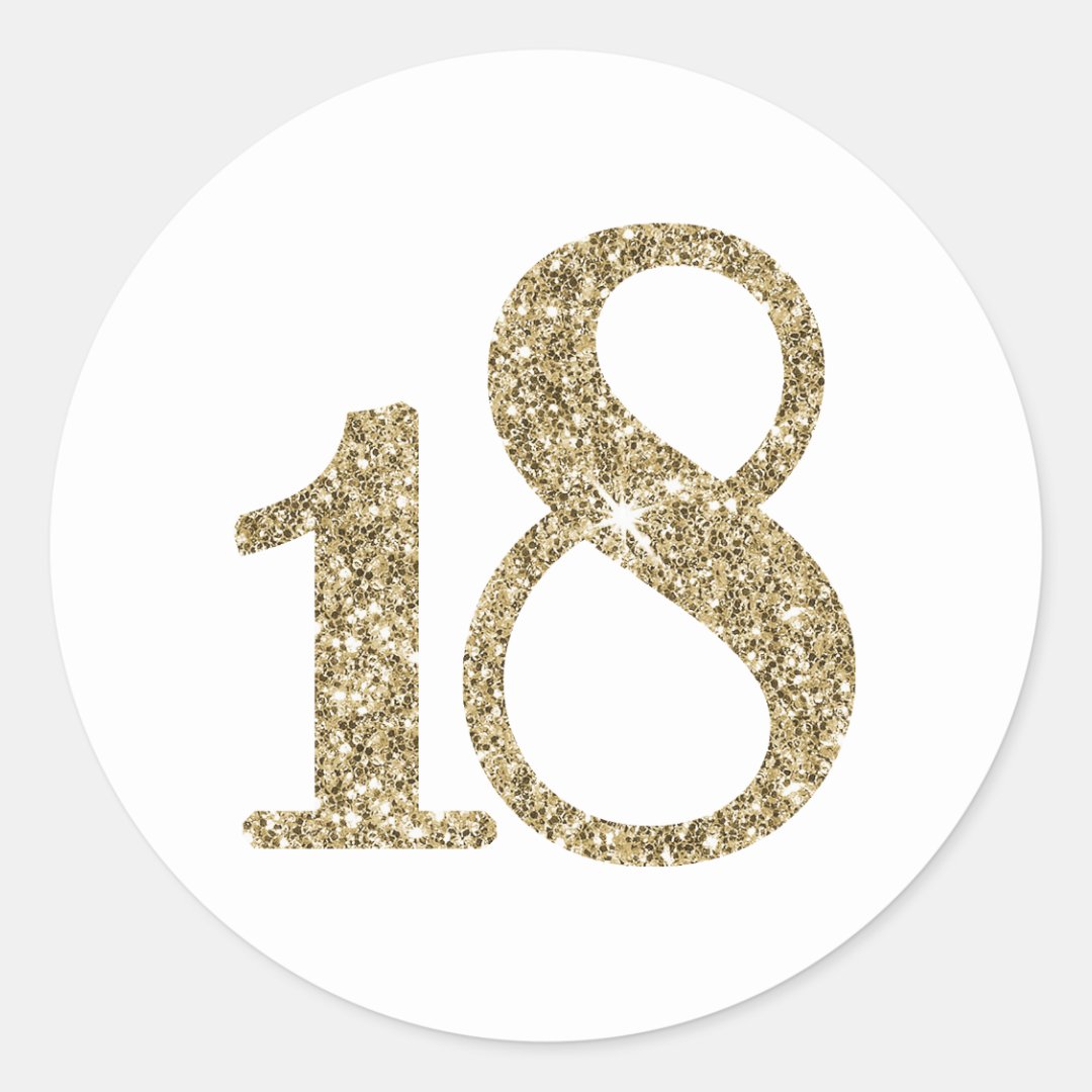 LARGE AGE NUMBER modern 18 gold glitter Classic Round Sticker | Zazzle