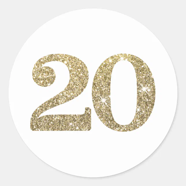 LARGE AGE NUMBER modern 20 gold glitter Classic Round Sticker | Zazzle