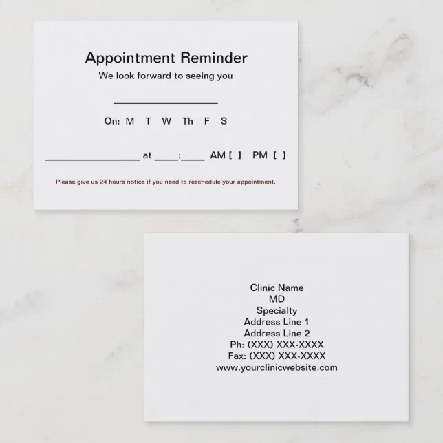 Large Appointment Reminder Cards (100 pack-White) | Zazzle