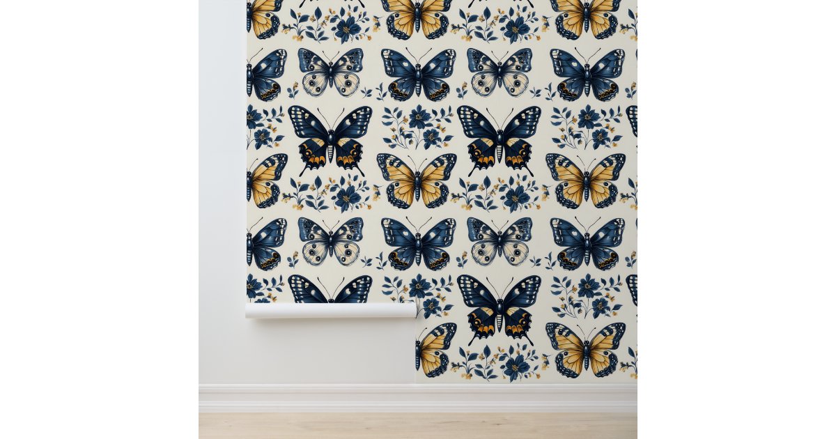 Large Blue Floral Butterfly Shabby Chic Boho Wallpaper | Zazzle