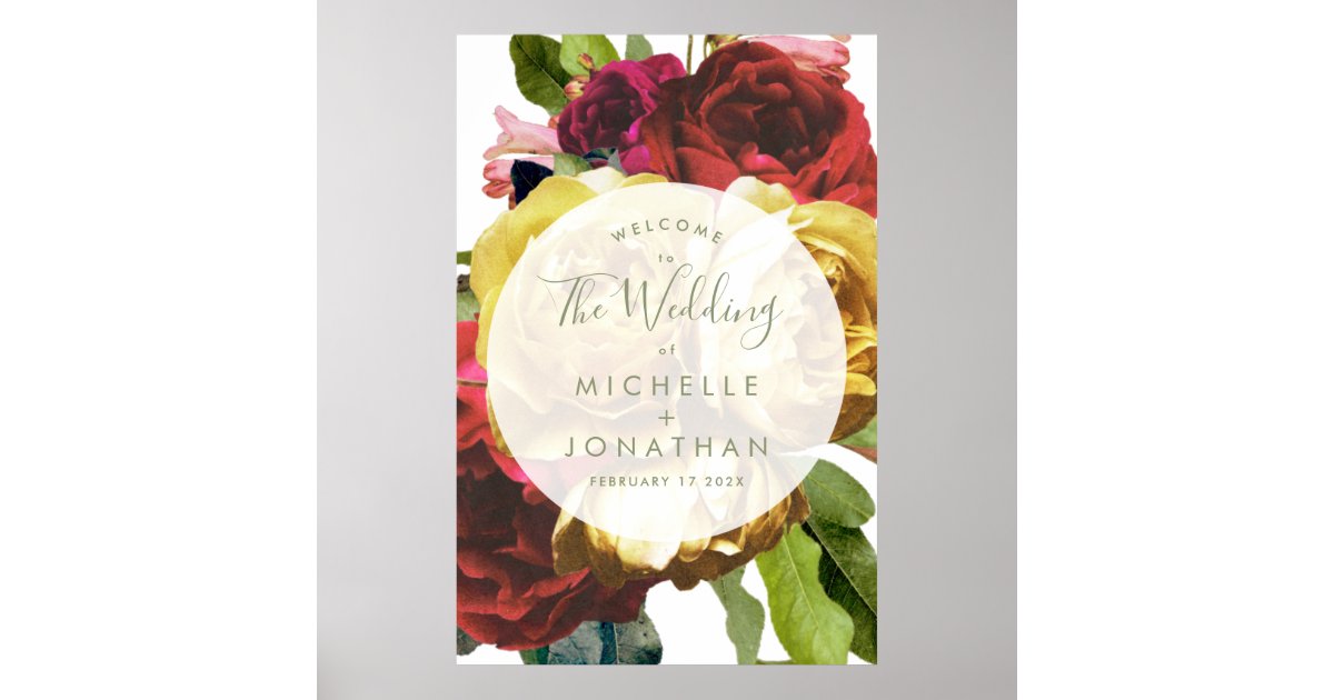 Large Botanical Roses Wedding Welcome Sign | Zazzle