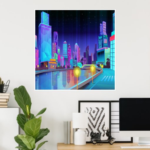 Large City Night Scene Panoramic Art Poster | Zazzle