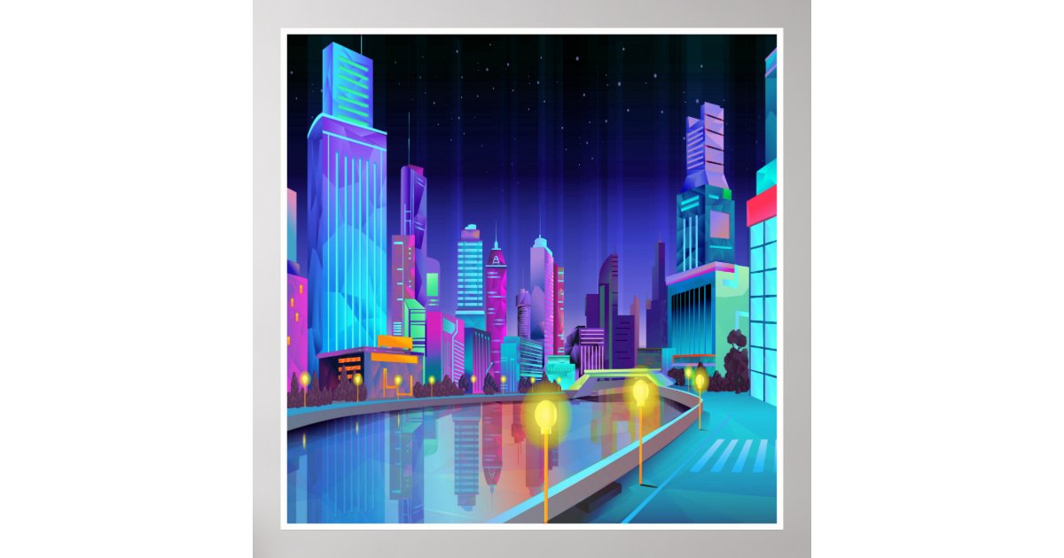Large City Night Scene Panoramic Art Poster | Zazzle