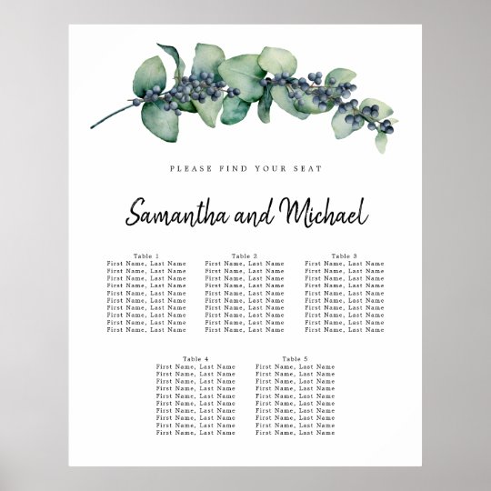 Large Eucalyptus Berry 5-Table Seating Chart | Zazzle.com