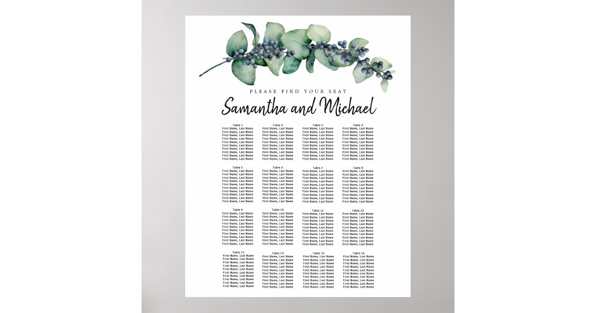 Large Eucalyptus Botanical 16-Table Seating Chart | Zazzle