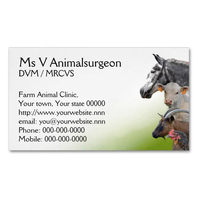 Large farm animals vet business card magnet | Zazzle