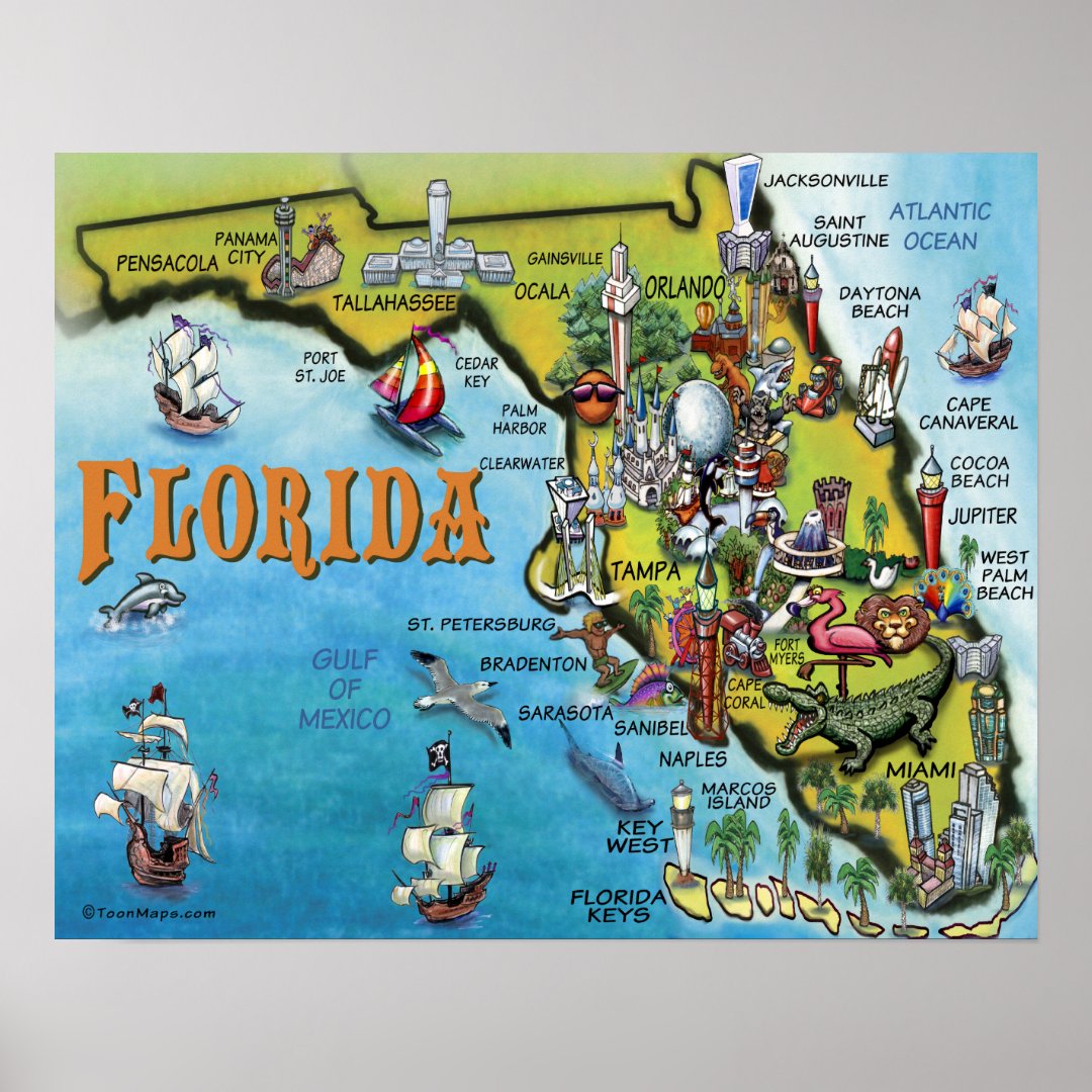 Large Florida Cartoon Map Poster | Zazzle