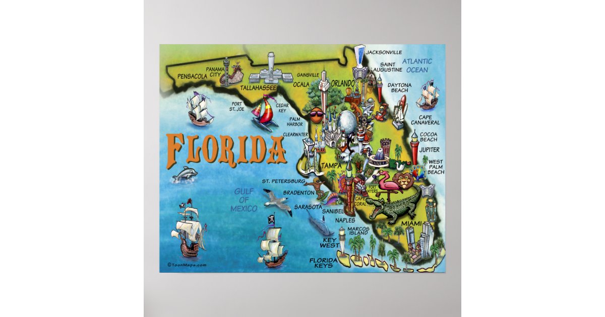 Large Florida Cartoon Map Poster | Zazzle