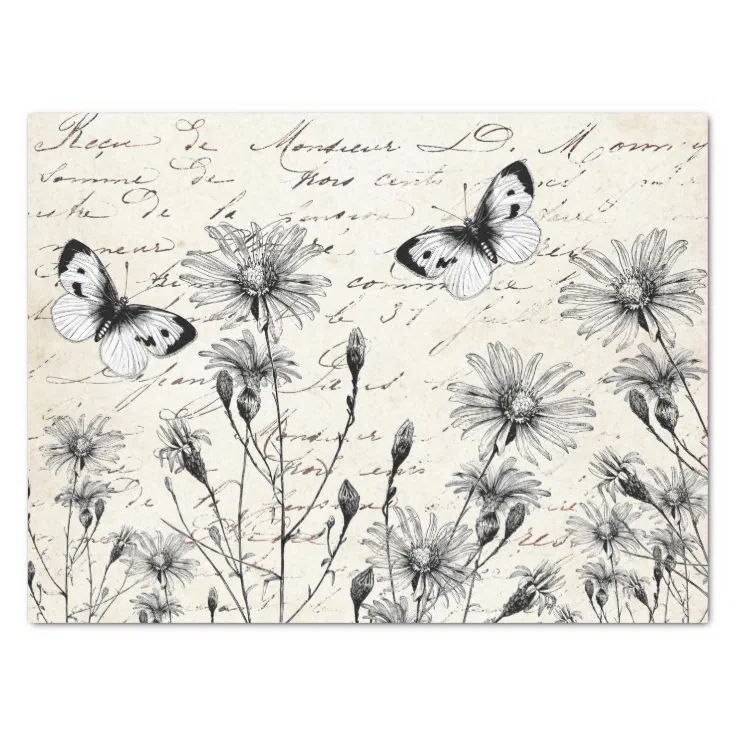 LARGE French Script Wildflower Butterfly Decoupage Tissue Paper | Zazzle