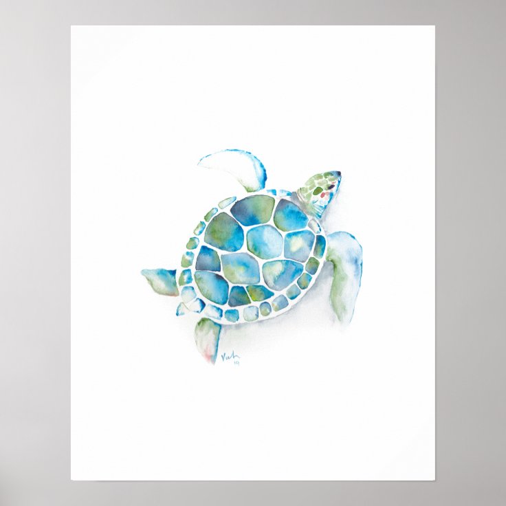 Large Green and Blue Watercolor Sea Turtle Art Poster | Zazzle