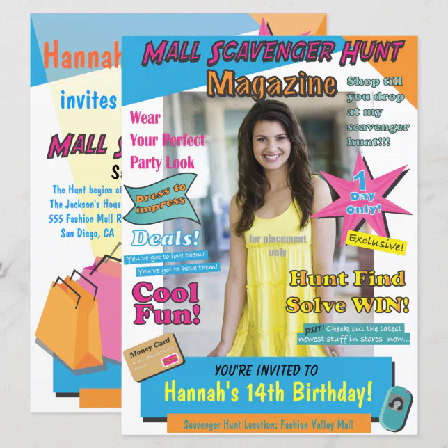 Large Mall Scavenger Hunt Birthday Magazine Cover Invitation | Zazzle