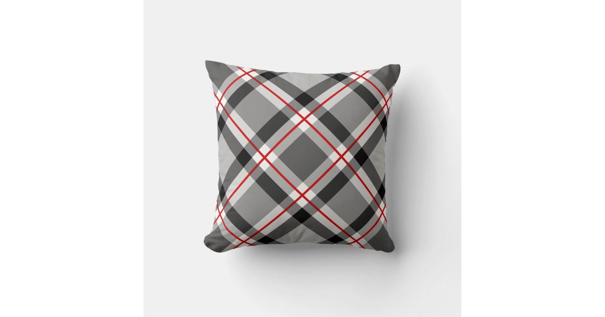Large Modern Plaid, Black, White, Gray and Red Throw Pillow | Zazzle