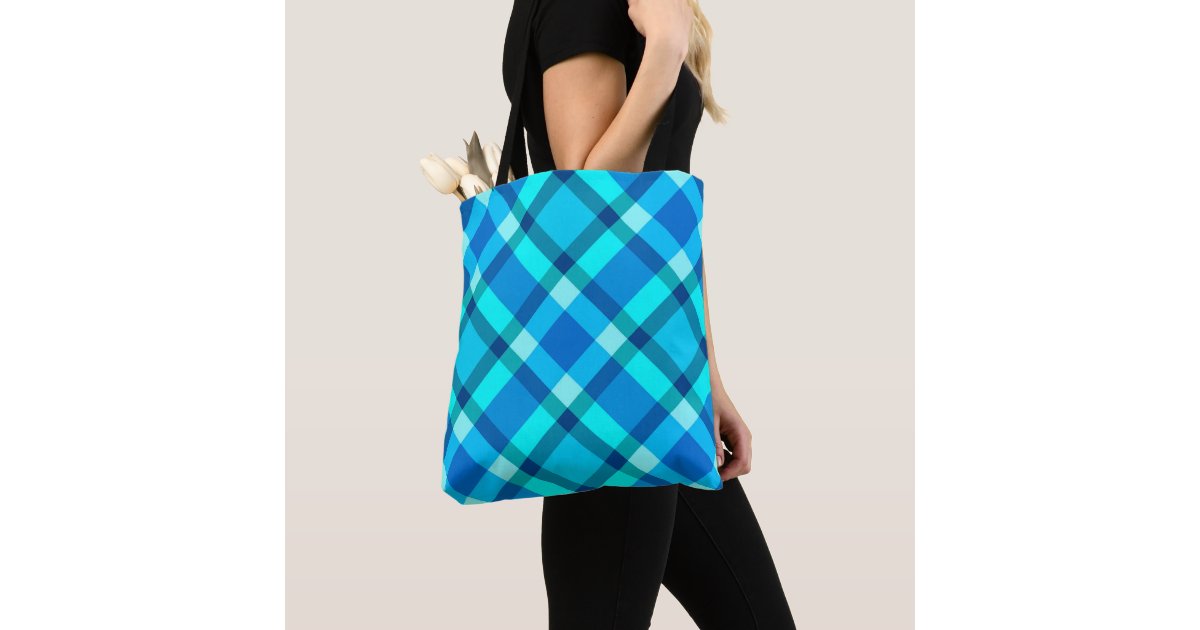 Large Modern Plaid, Cobalt Blue, Aqua & Turquoise Tote Bag | Zazzle
