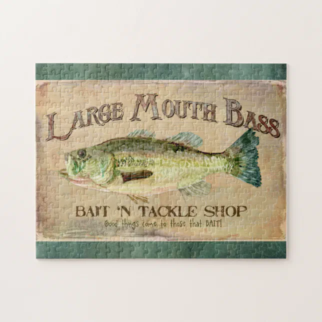 Large Mouth Bass Fishing Lake Cabin Decor Blue Jigsaw Puzzle | Zazzle