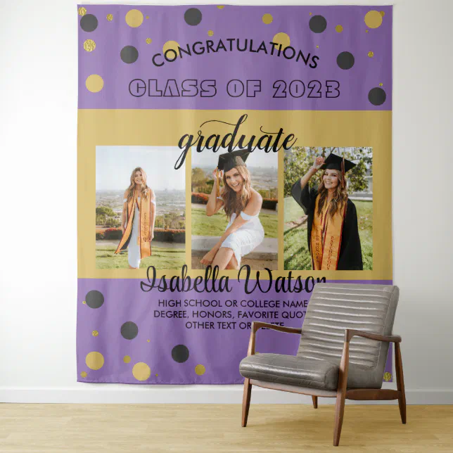 Large Photos Graduation Party PurpleGold Backdrop | Zazzle