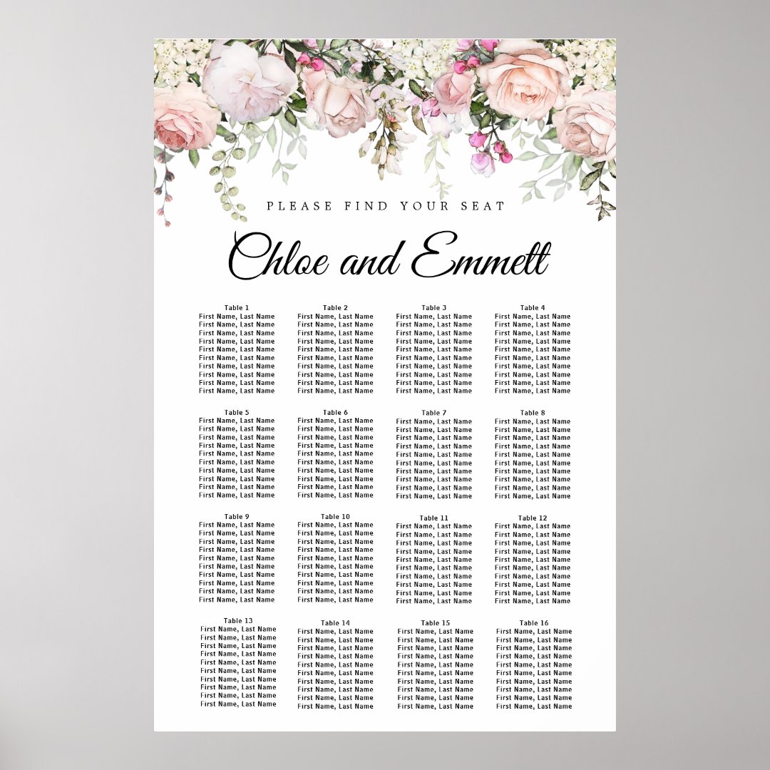 Large Pink Floral 16-Table Wedding Seating Chart | Zazzle