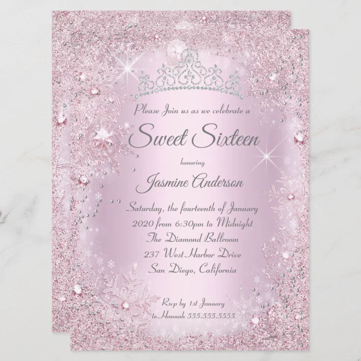 Large Pink Silver Winter Wonderland Sweet 16 Tiara Invitation | Zazzle