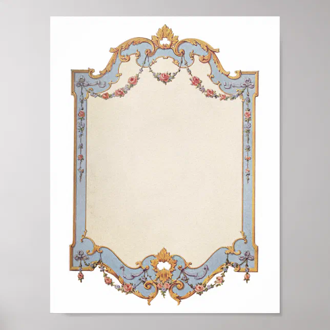 Large Printable French Vintage Frame Blue Scroll Poster | Zazzle