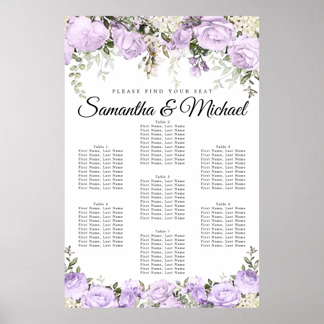Large Purple Floral 7-Table Wedding Poster | Zazzle