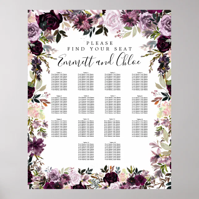 Large Purple Pink Floral 14-Table Seating Chart | Zazzle