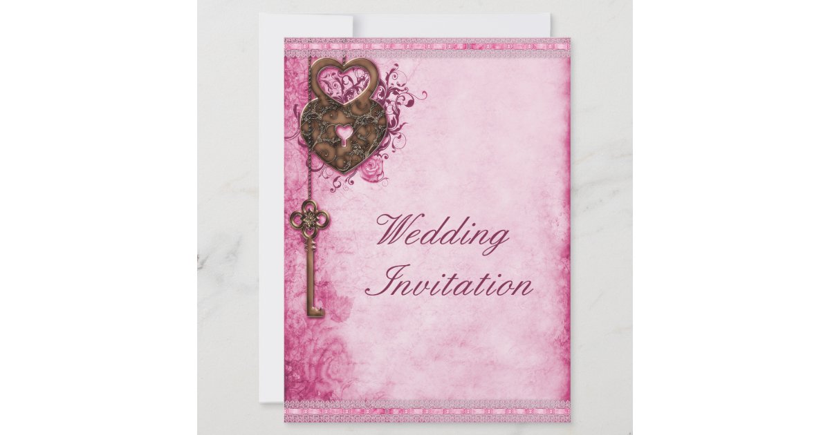 Large Romantic Hearts Lock and Key Pink Wedding Invitation | Zazzle