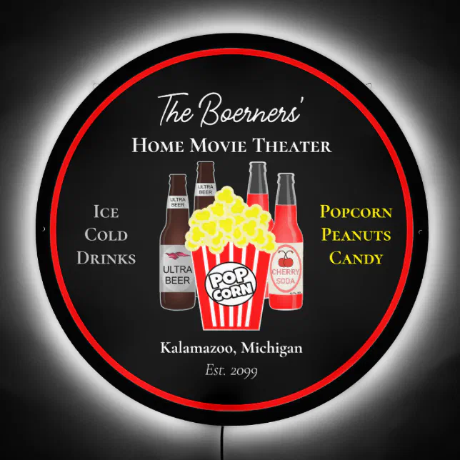 Large Round Home Movie Theater Beer Soda LED Sign | Zazzle