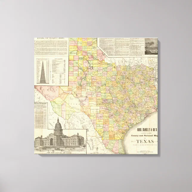 Large Scale County and Railroad Map Of Texas Canvas Print | Zazzle