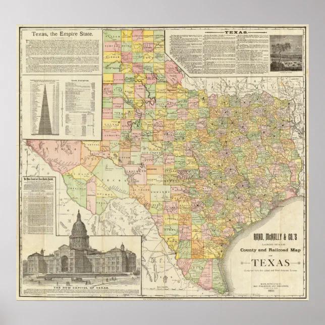 Large Scale County and Railroad Map Of Texas Poster | Zazzle