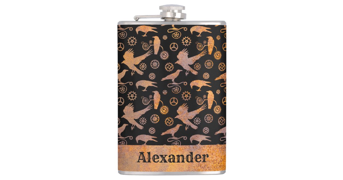 Large Steampunk Rusty Gears and Crows Custom Name Flask | Zazzle