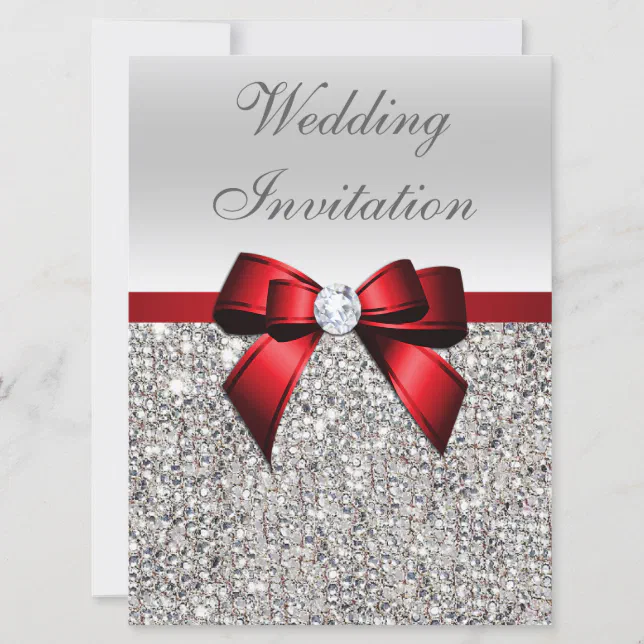 Large Wedding Faux Silver Sequins Red Bow Invitation | Zazzle
