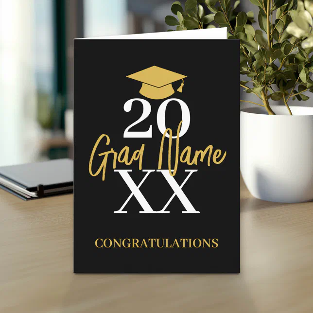 Large Year - Name and Cap - Black Gold Graduation Card | Zazzle