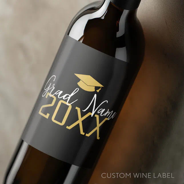 Large Year - Name and Cap - Black Gold Graduation Wine Label | Zazzle