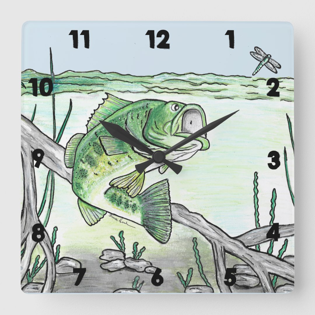 Largemouth Bass Fish after Dragonfly Fishing Square Wall Clock | Zazzle