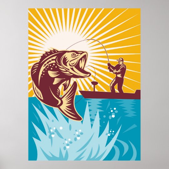 Largemouth Bass Fish Fly Fisherman Fishing rod Poster | Zazzle.com