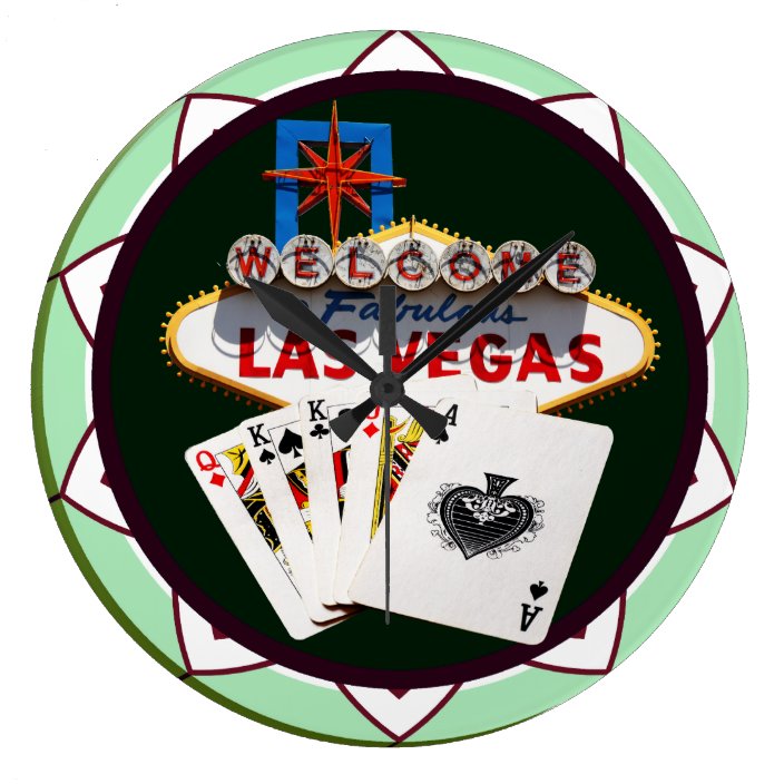 Las Vegas Sign And Two Kings Poker Chip Large Clock | Zazzle