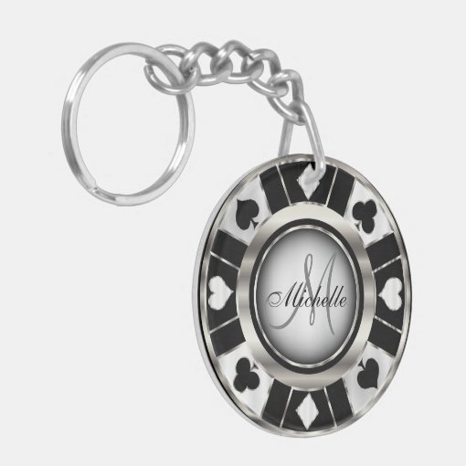 Las Vegas Silver & Black Poker Chip - Monogram Keychain | Zazzle
