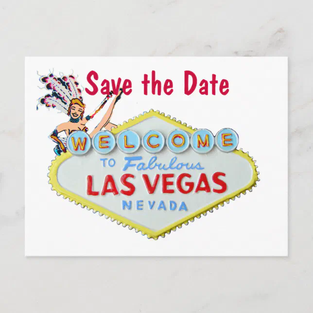 Las Vegas Wedding Sign with Showgirl Announcement Postcard | Zazzle