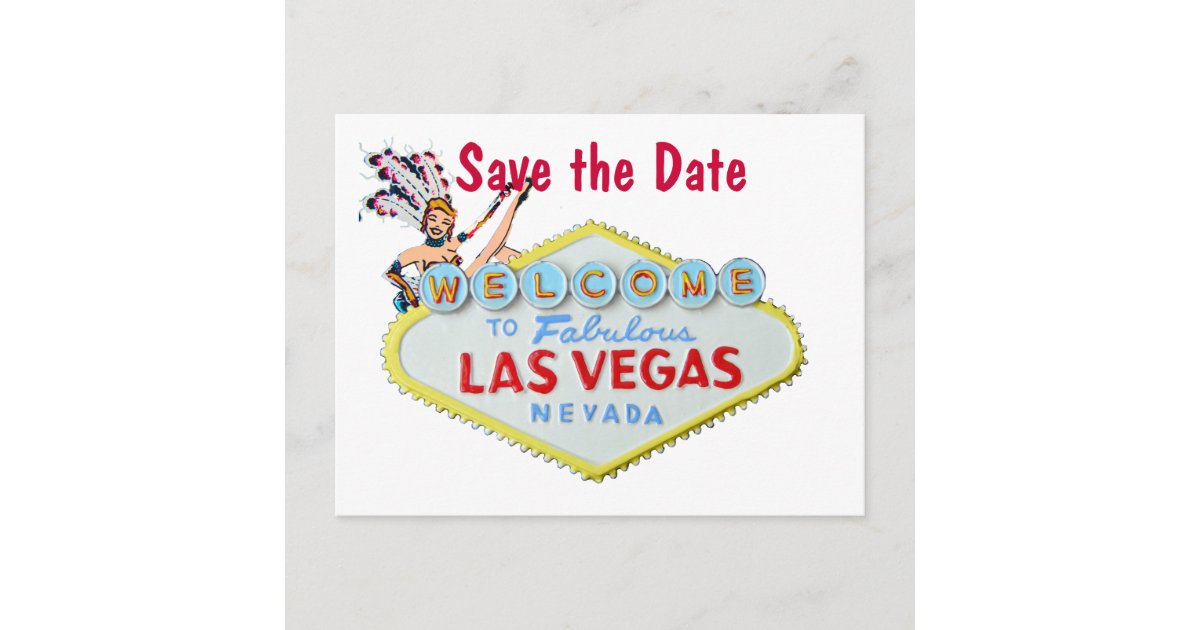 Las Vegas Wedding Sign with Showgirl Announcement Postcard | Zazzle