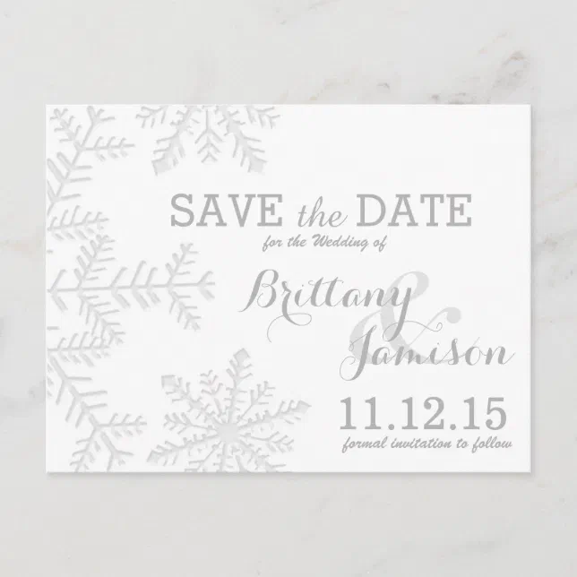 Laser-Cut Silver Snowflakes Winter Save the Date Announcement Postcard ...