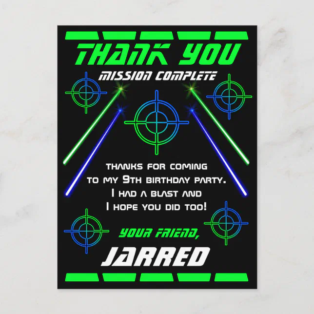 Laser Tag Birthday Party Thank You Postcard | Zazzle