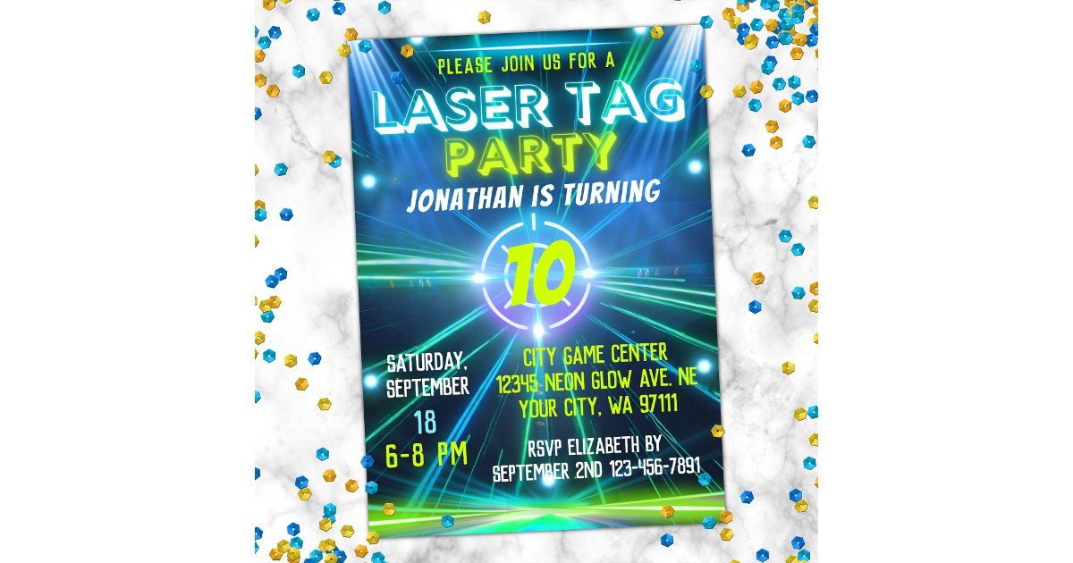 Laser Tag Blue Green Neon Glow Boys Birthday Party Invitation | Zazzle