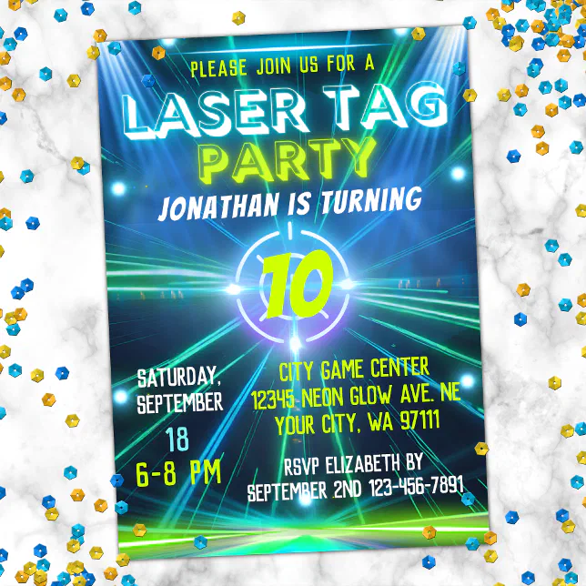 Laser Tag Blue Green Neon Glow Boys Birthday Party Invitation | Zazzle