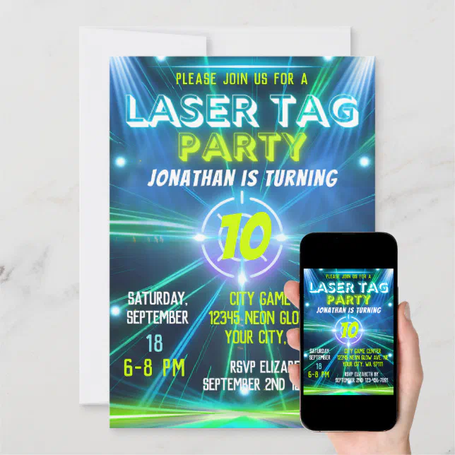Laser Tag Blue Green Neon Glow Boys Birthday Party Invitation | Zazzle